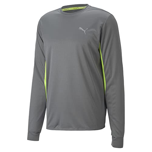 PUMA Men's Run Favorite Long Sleeve Tee, Castlerock-Lime Squeeze, Large
