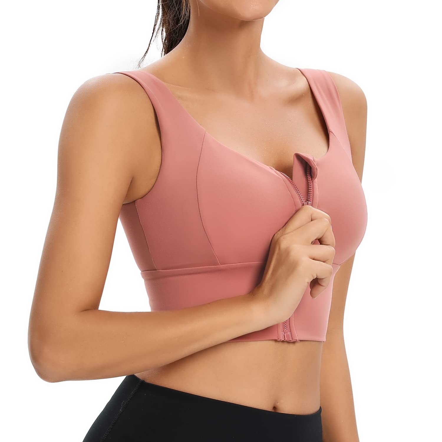 Nanomi Beauty Zip Front Closure Sports Bras for Women Removable Padded Yoga Workout Tank Top(Coral-Pink,Medium)