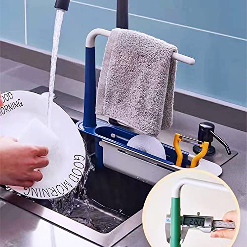 Upgraded Telescopic Sink Storage Rack, Adjustable Length 2-in-1 Sink Organizer Tray Sponge Soap Holder with Dishcloth Hanger, Expandable Storage Drain Basket for Home Kitchen (Blue)