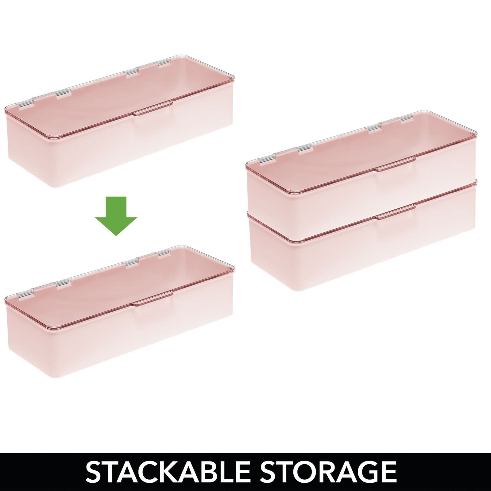 mDesign Long Plastic Household Stackable Storage Organizer Box Containers with Hinged Lid for Bedroom, Bathroom, Entryway, Hallway, Kitchen, Garage, Playroom, or Craft Room, Light Pink/Clear