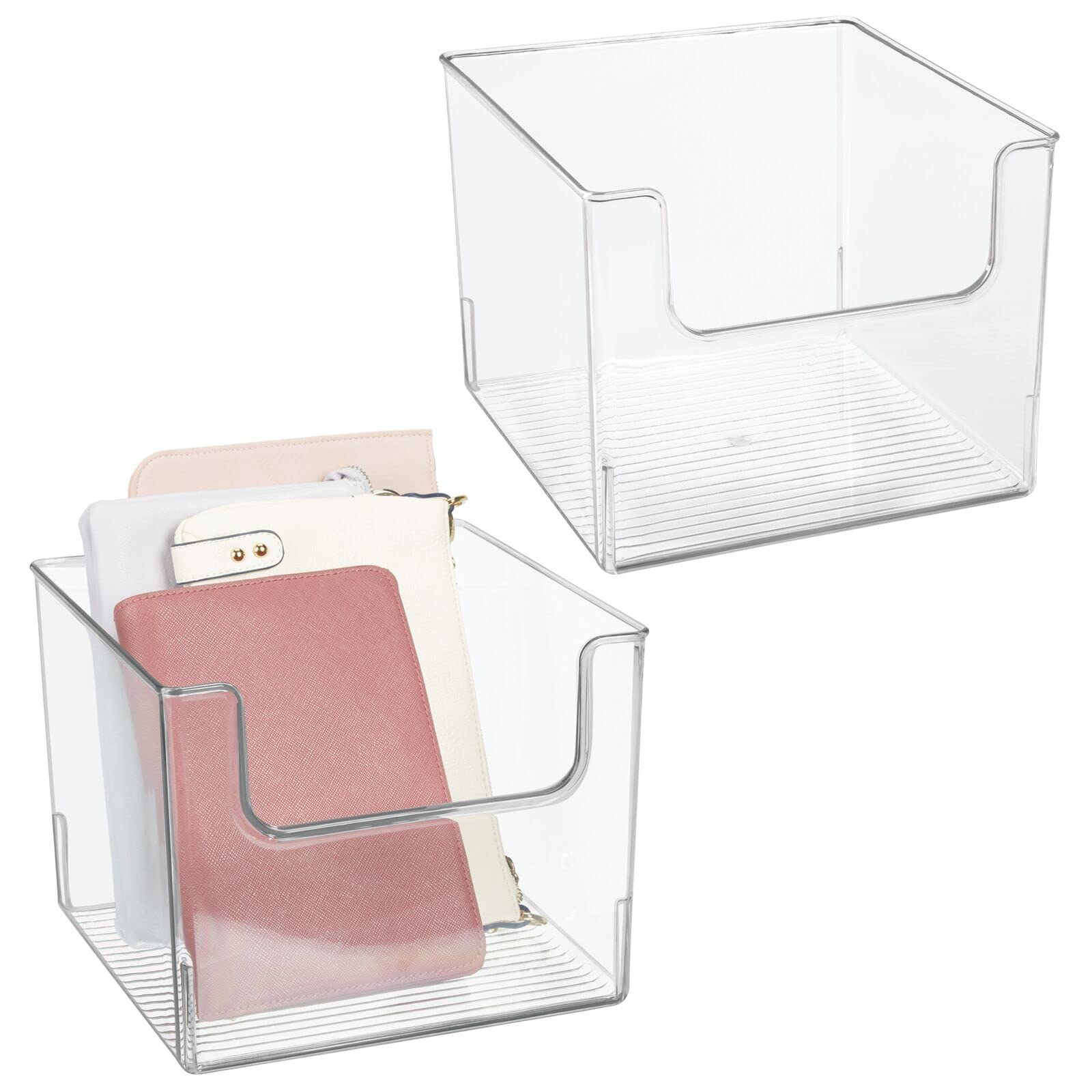 mDesign Modern Plastic Open Front Dip Storage Organizer Bin Basket for Closet Organization - Shelf, Cubby, Cabinet, and Cupboard Organizing Decor - Ligne Collection - 2 Pack - Clear
