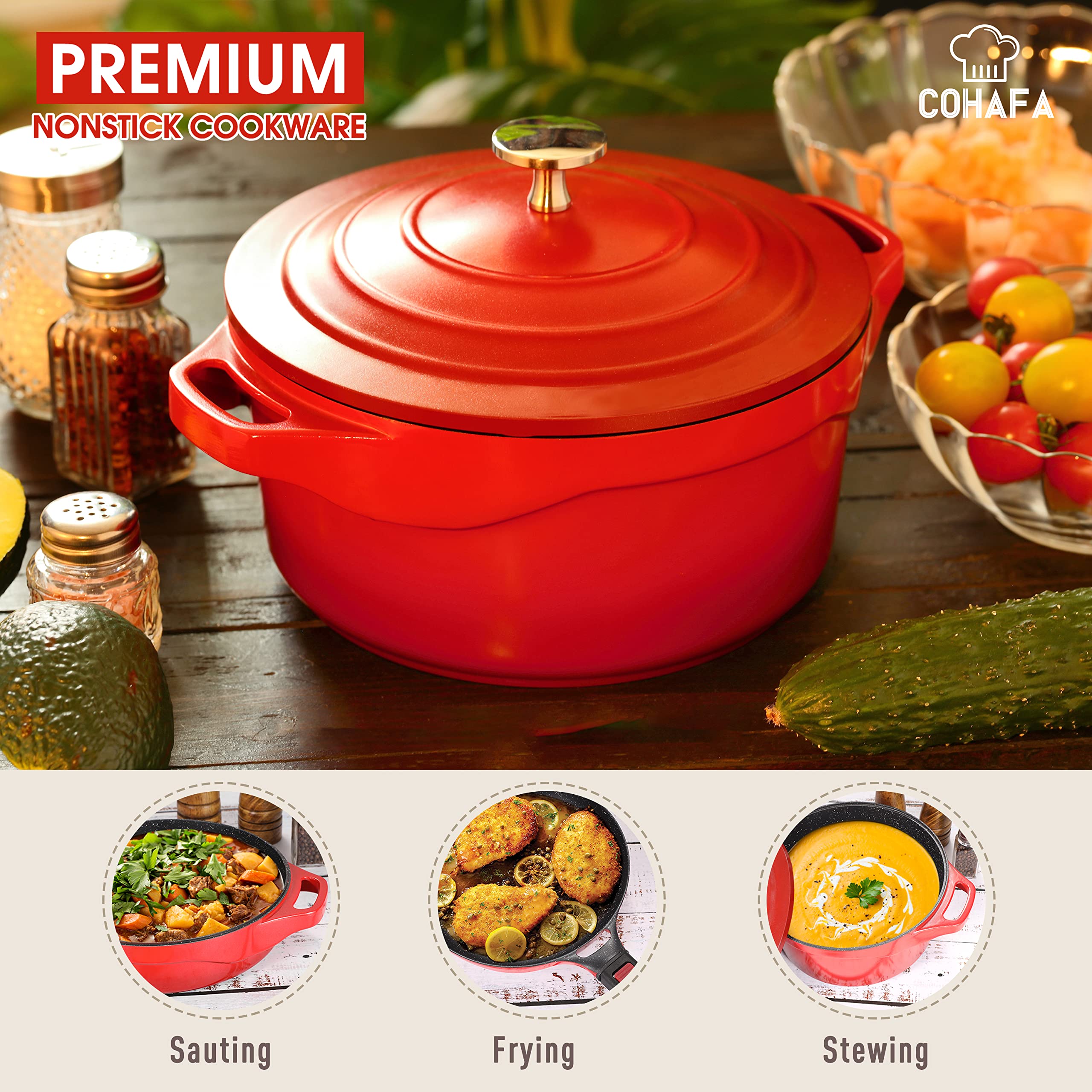 Nonstick Dutch Oven with Lid, 3Pcs Pots and Pans Set with Stone-Derived Coating, Frying Pan with Detachable Handle, Saute Pan, Stockpot with Lid, Red