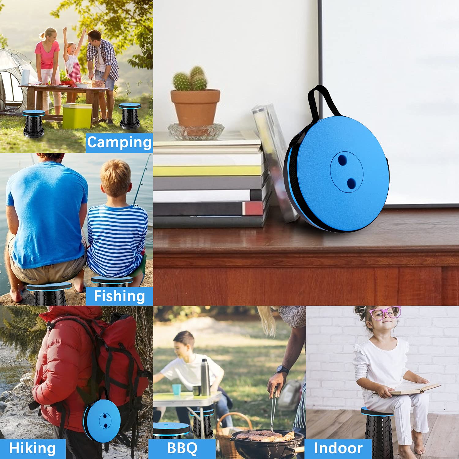 Miiuewuo Portable Telescoping Stool, 2nd Gen Upgraded Collapsible Stool with Max Load Capacity 400lbs, Adjustable Lightweight Stools for Camping/Garden/Fishing/Hiking/Travel/BBQ (Blue)