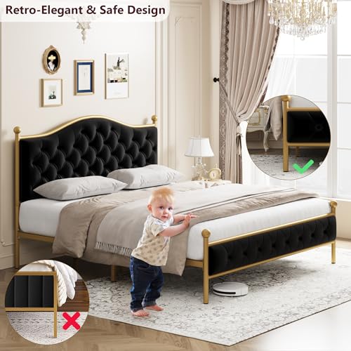 King Size Hand-Sewn Upholstered Platform Bed Frame with Button Tufted Headboard & Footboard, Modern Velvet Black Bed with Gold & Metal Frame and Solid Wood Slat/No Box Spring Needed/Easy Assembly