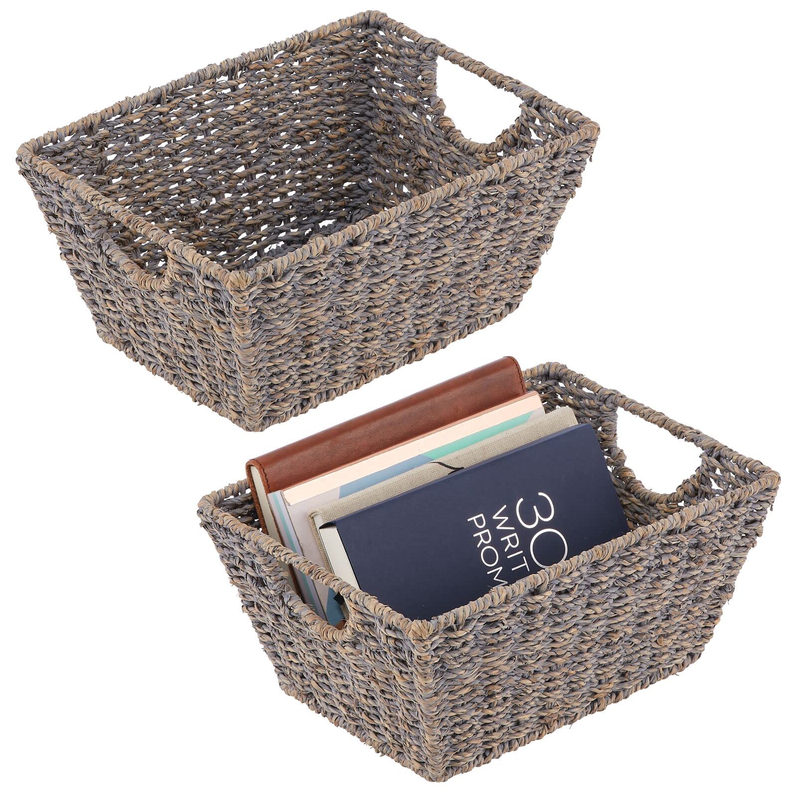mDesign Natural Woven Seagrass Nesting Closet Storage Organizer Basket Bin for Kitchen Cabinets, Pantry, Bathroom, Laundry Room, Closets, Garage - 2 Pack - Gray