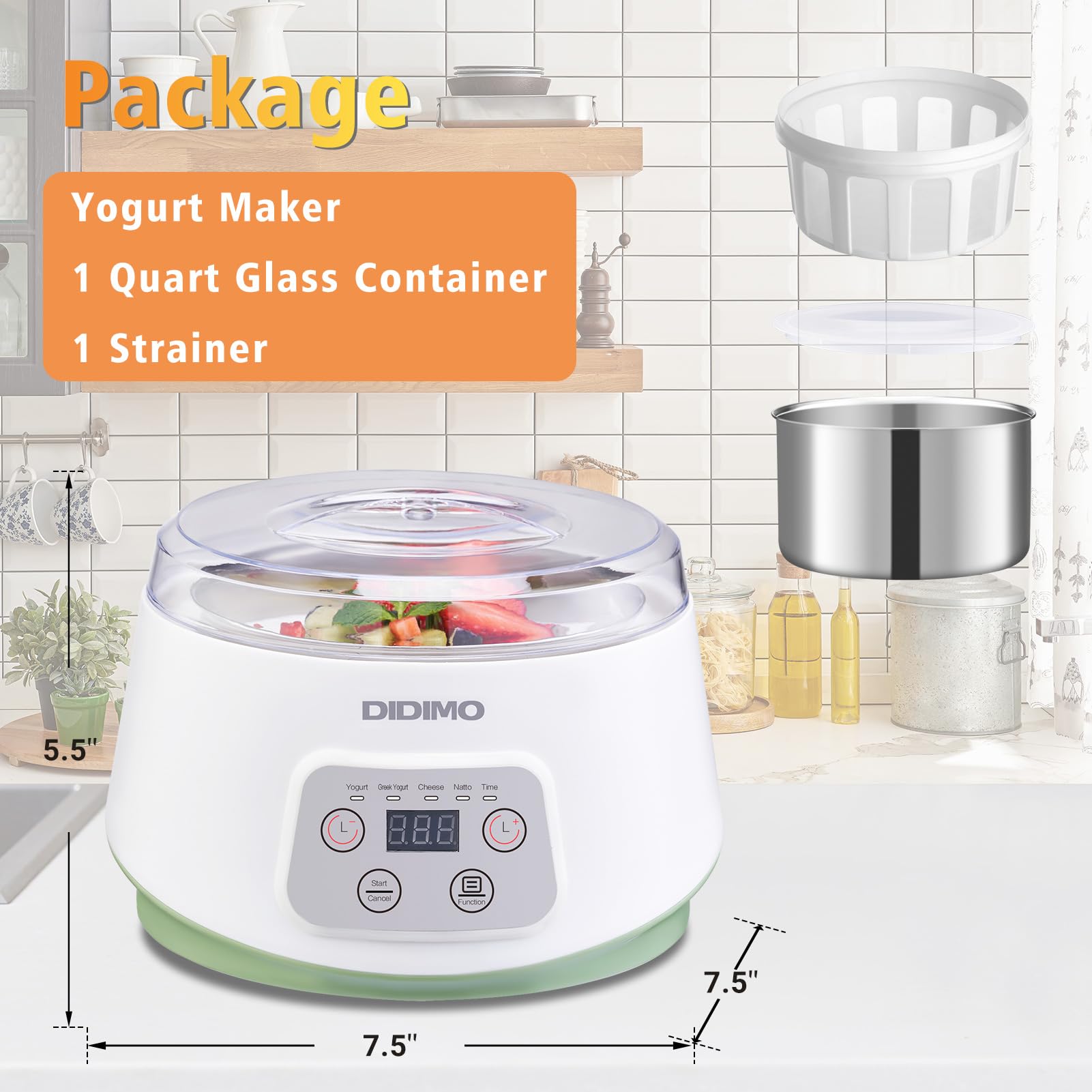 Yogurt Maker, Greek Yogurt Maker with Timer Control and Strainer, Yogurt Maker Machine with Stainless Steel Liner, Electric Portable Yogurt Maker for Yogurt, Greek Yogurt, Cheese, Natto (White)