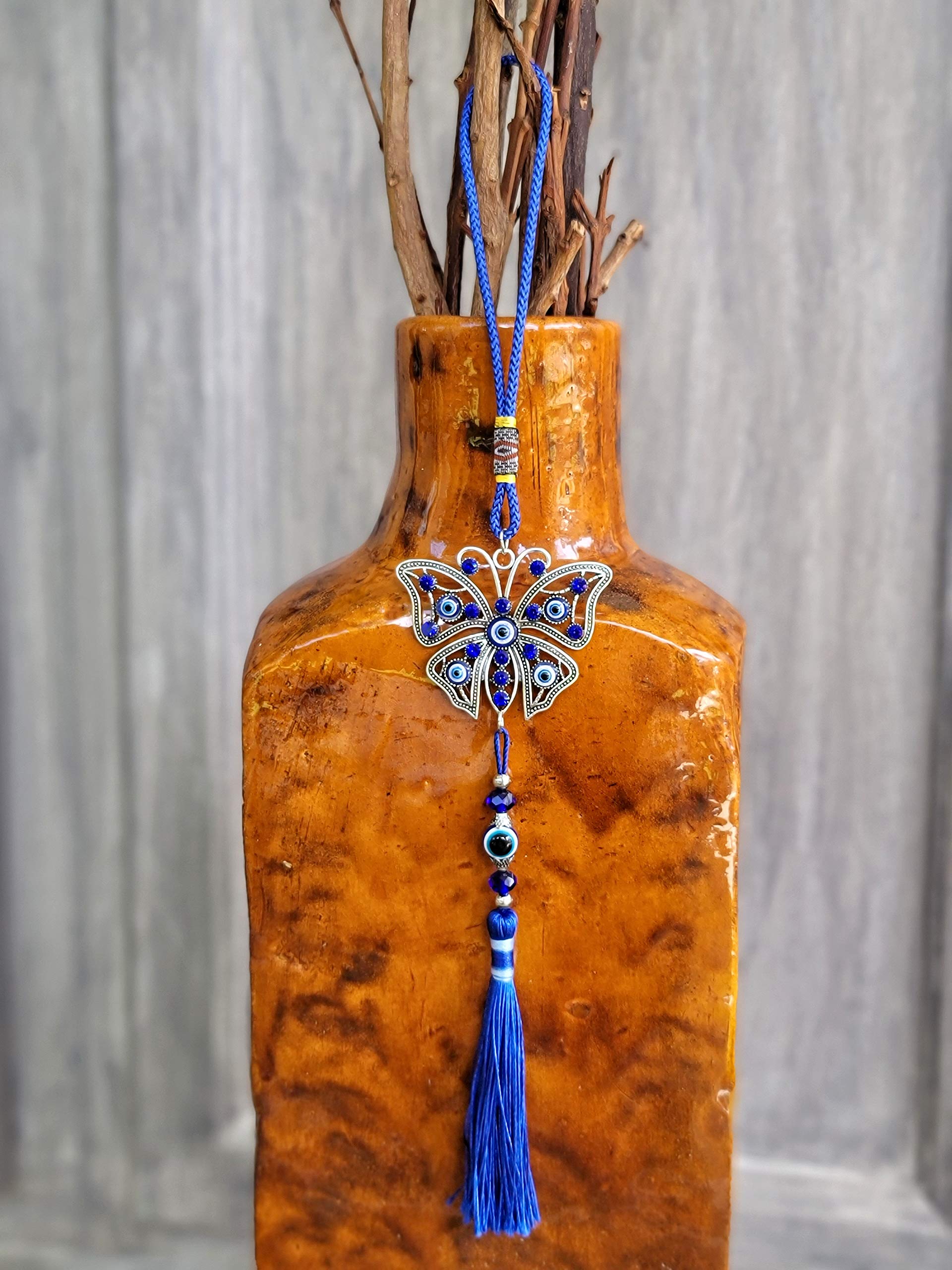 LUCKBOOSTIUM Center Evil Eye Butterfly Charms Pendant in Blue Crystal Stone w/Tassels for Good Luck & Protection Car Rear View Mirror Hanging Ornament Accessories Home Decor Charm
