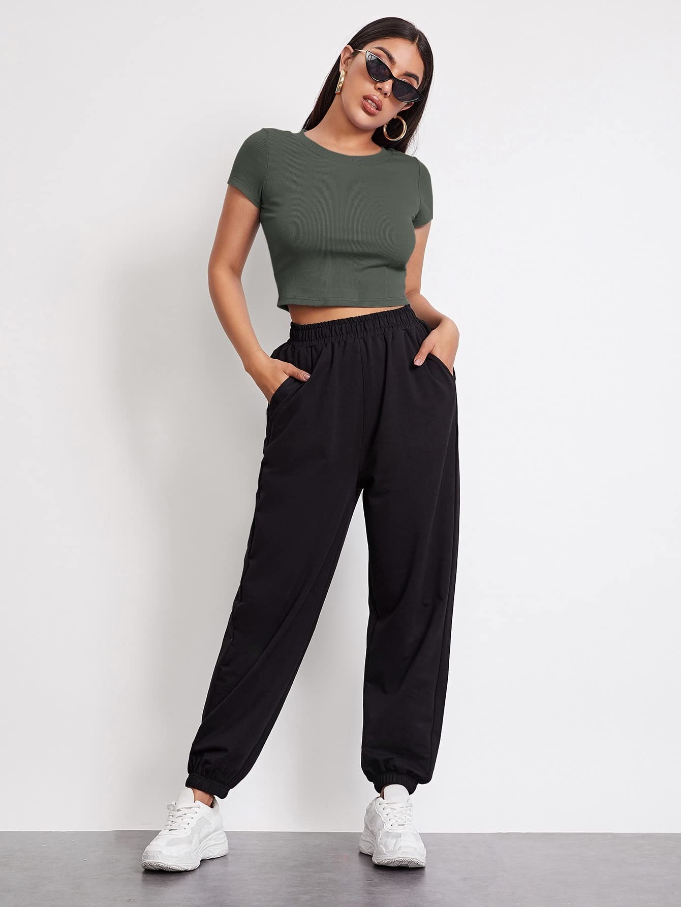 Romwe Women's Casual Summer Crop Top Solid Short Sleeve Workout Crop Blouse Tee T-Shirt Grey Solid L