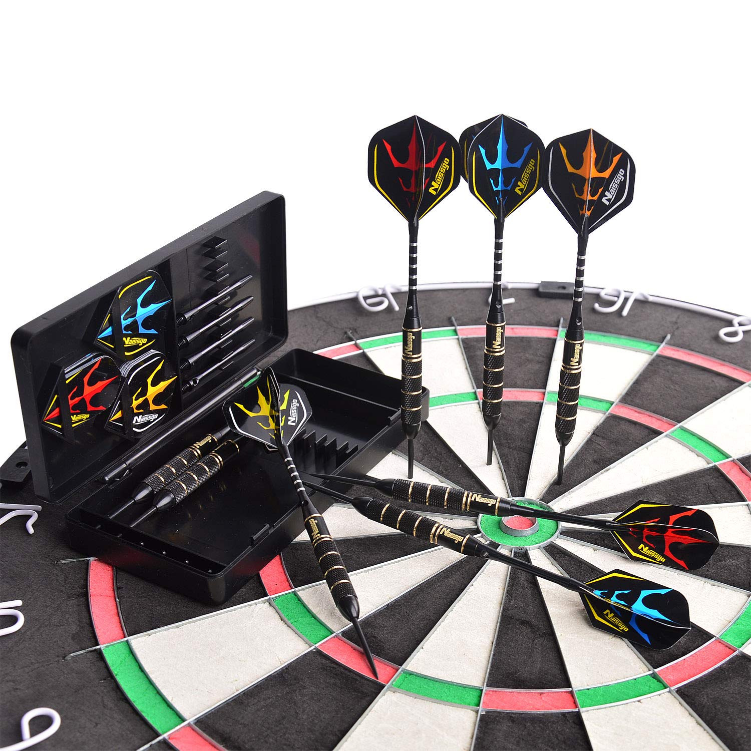 Naissgo Steel Tips Darts Set - Professional Darts Steel Tip with Brass Barrels and Extra Aluminum Shafts, O-Rings, Flights + Dart Tool and Sharpener + Gift Case (Plastic Black Box 22g)