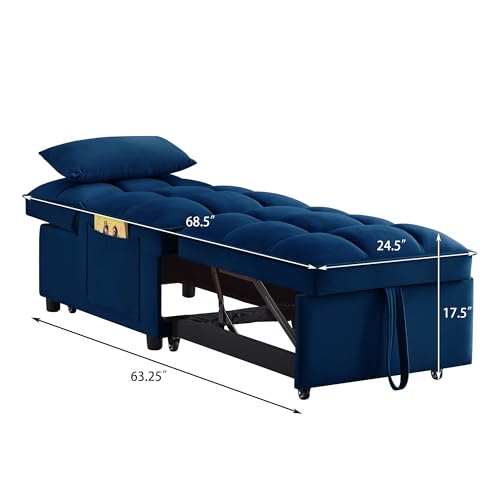 YOPTO Multi-Function Convertible Single Sleeper Sofa Bed with Storage Pockets,Velvet Tufted Pull-Out Couch Bed 4in1 W/Adjustable Backrest & Pillows,Chaise Lounge for Living Room,Small Space,Navy