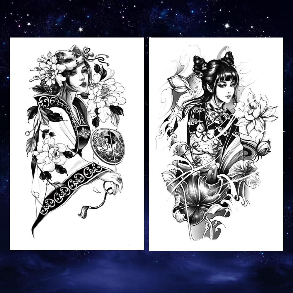 Oottati 6 Sheets Arm Fake Waterproof Temporary Tattoos Stickers Black Japanese Geisha Samurai Women Flower Lotus