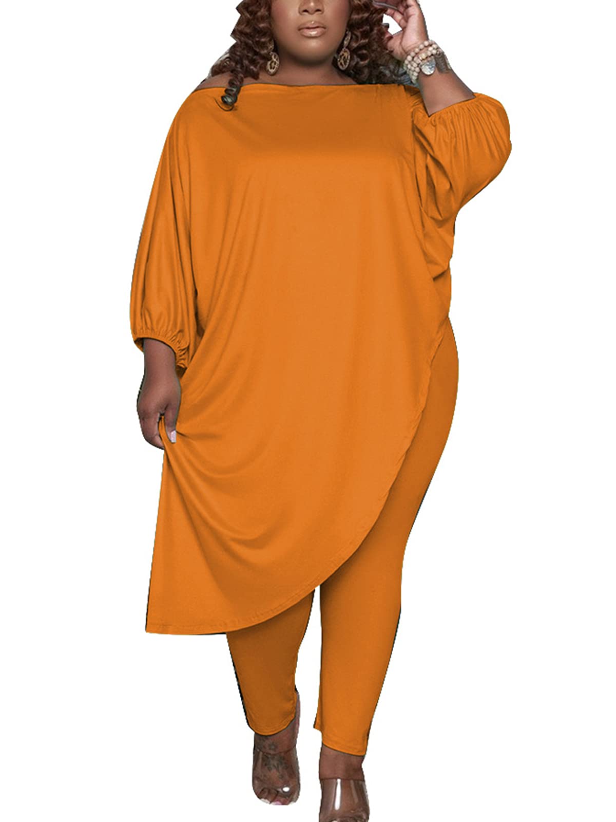Orange Plus Size 2 Piece Outfits for Women - Solid Casual Irregular T Shirts Tops and Bodycon Long Pants Set Jumpsuits Clubwear L