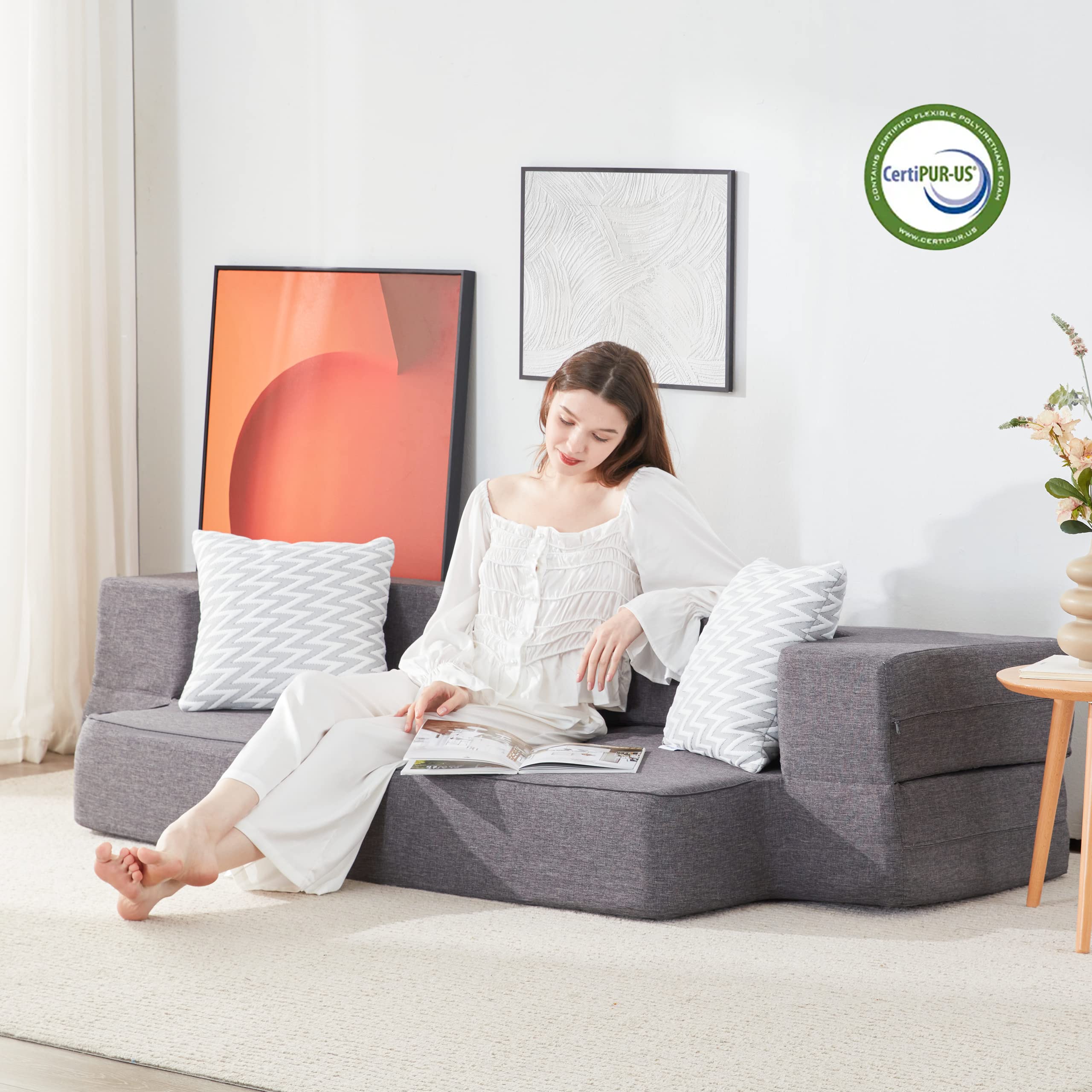 Lazyzizi Floor Sofa Bed, Fold Out Couch Bed with 2 Pillows & Washable Cover Convertible Sleeper Folding Sofa Bed Mattress for Living Room, Guest Bed, Playroom 10inches Twin