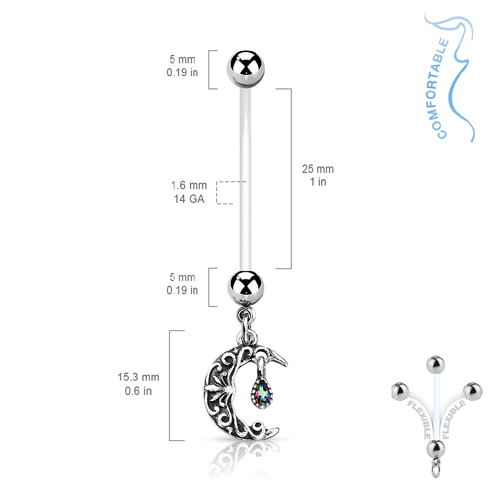 Pierced Owl 14GA Antique Filigree Carved Crescent Moon Dangle BioFlex with 316L Surgical Stainless Steel Pregnancy Navel Belly Button Ring