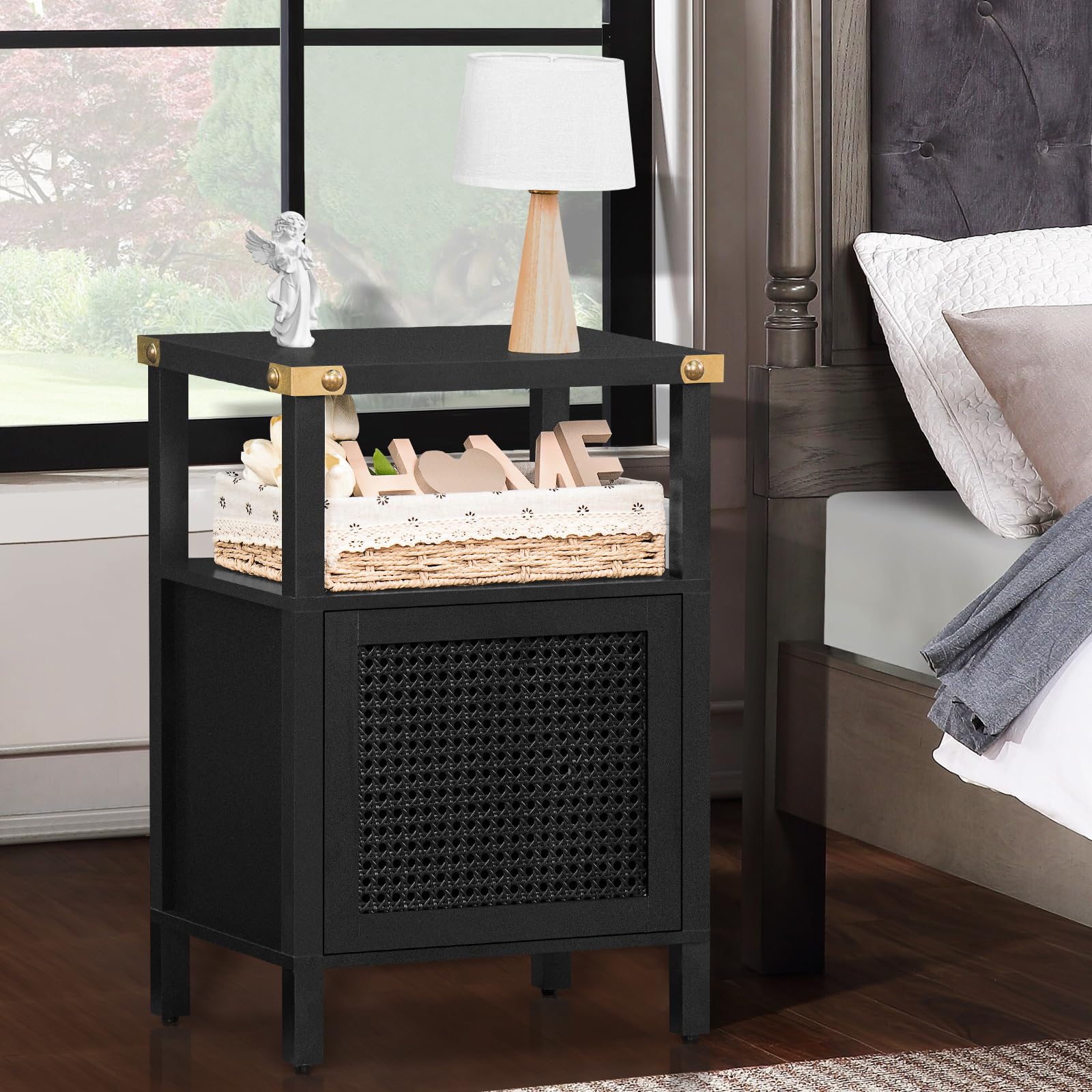 Lerliuo Nightstand Boho Side Table with Rattan Decorated Door, Wood Night Stand with Storage
