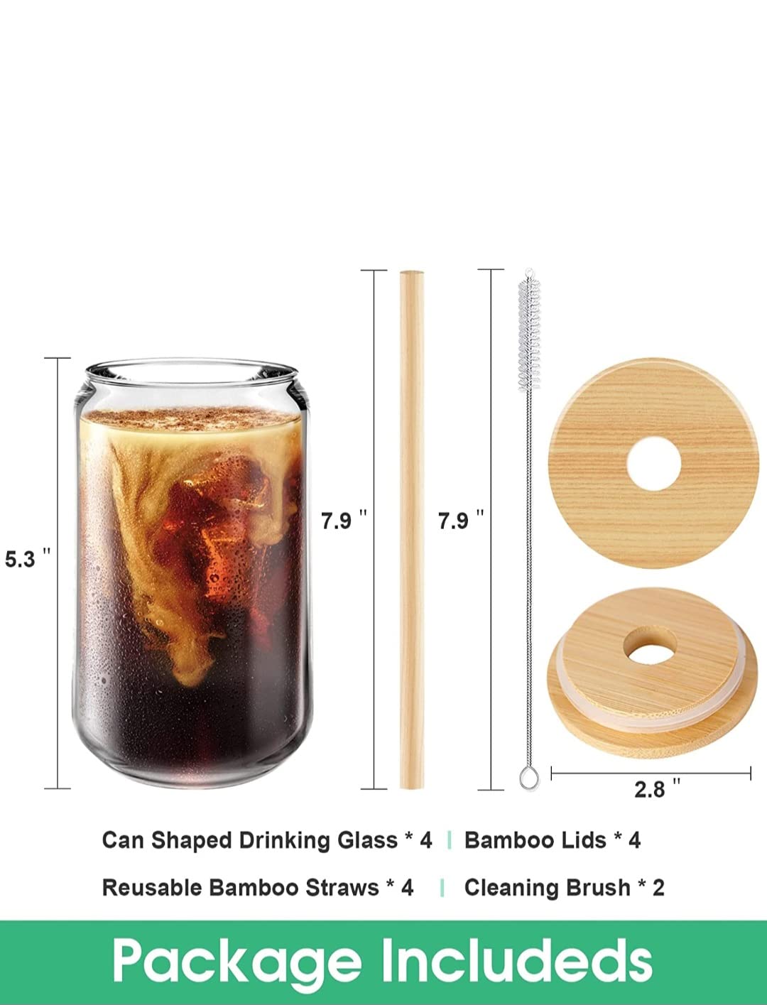 RANDY 4-Pack Beer Can Glass Cup, 16 oz Iced Coffee Drinking Cups with Bamboo Lid and Glass Straws, Glass Tumbler for Cocktail, Whiskey, Soda, Tea, Water