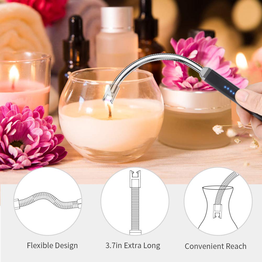 Lighter, Candle Lighter, Electric Lighter, Windproof USB Rechargeable Electronic Plasma Arc Lighter with Safety Lock, LED Battery Indicator, Long Flexible Lighter for BBQ, Grill, Fireworks (Black)