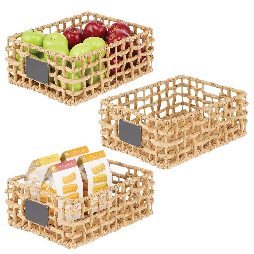mDesign Water Hyacinth Open Weave Household Basket with Built-in Chalkboard Label for Storage in Bedroom, Bathroom, Office - Hold Clothes, Blankets, Linens, Accessories, 3 Pack - White Wash