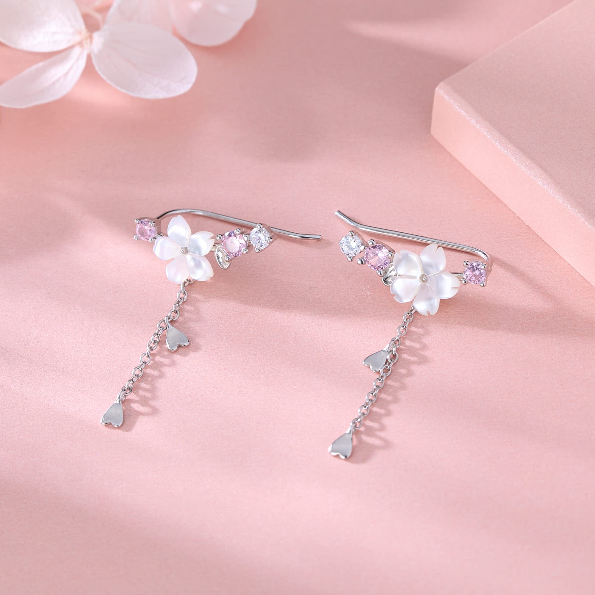 Reffeer Solid 925 Sterling Silver CZ Flower Crawler Earrings Wrap for Women Teens Dainty Flower Climber Earrings Cuff Dangle Chain
