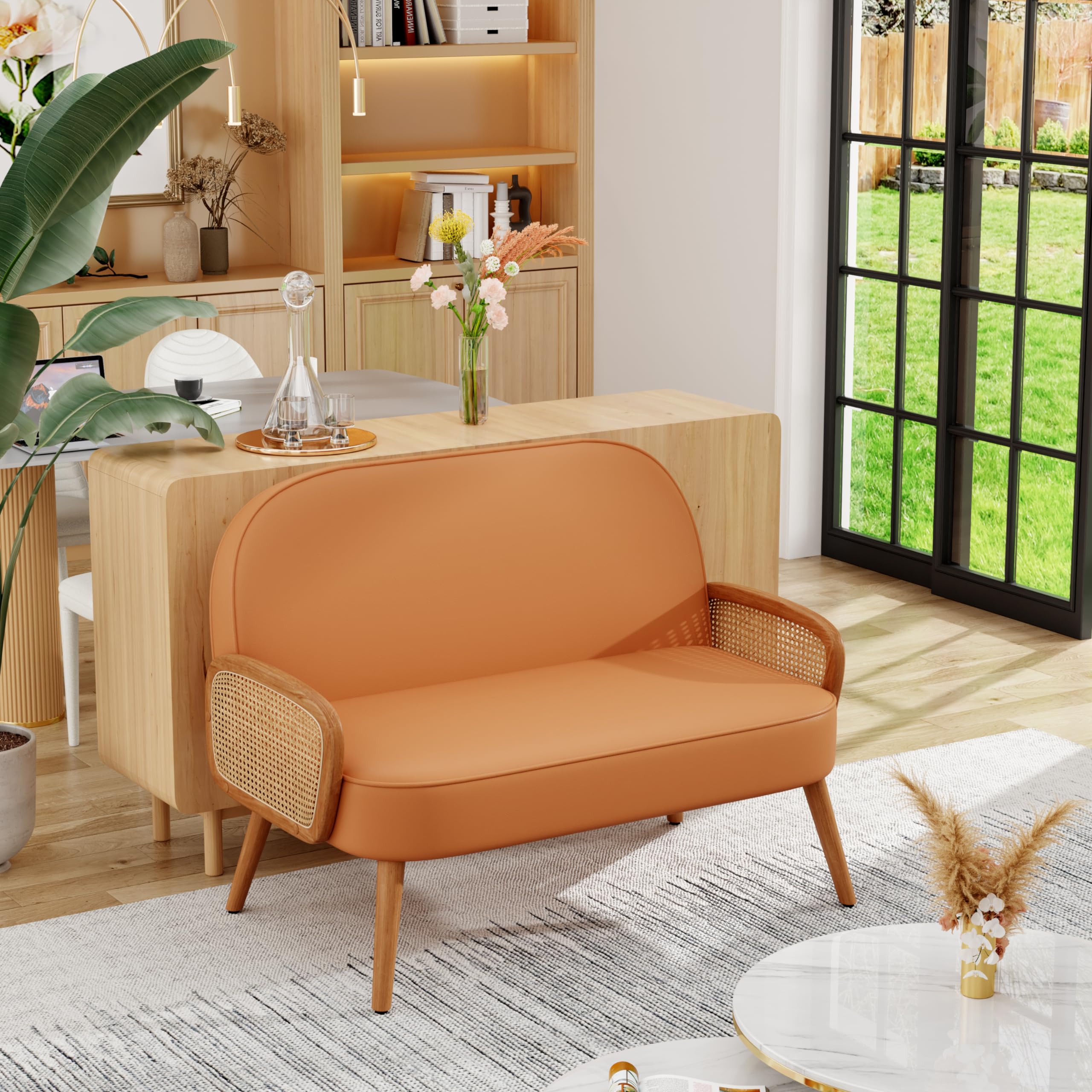 WENTMENT Loveseat Sofa Small Couch for Living Room, Faux Leather Mini Couch Love Seat with Natural Rattan Armrest and Solid Wooden Legs Small Sofa for Small Space, Bedroom, Apartment(Orange)