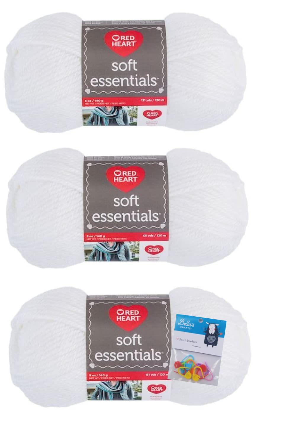 Red Heart Yarn Red Heart Soft Essentials Yarn - White - Bulky Weight 5 - 3 Pack Bundle with Bella's Crafts Stitch Markers