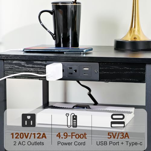 LOAKEKEL Night Stand Set 2, LED Nightstand with Charging Station, End Tables with USB C Port and Outlets, Bedside Table with 3 Storage Fabric Drawers for Bedroom, Small Space, Black, HNS023BK