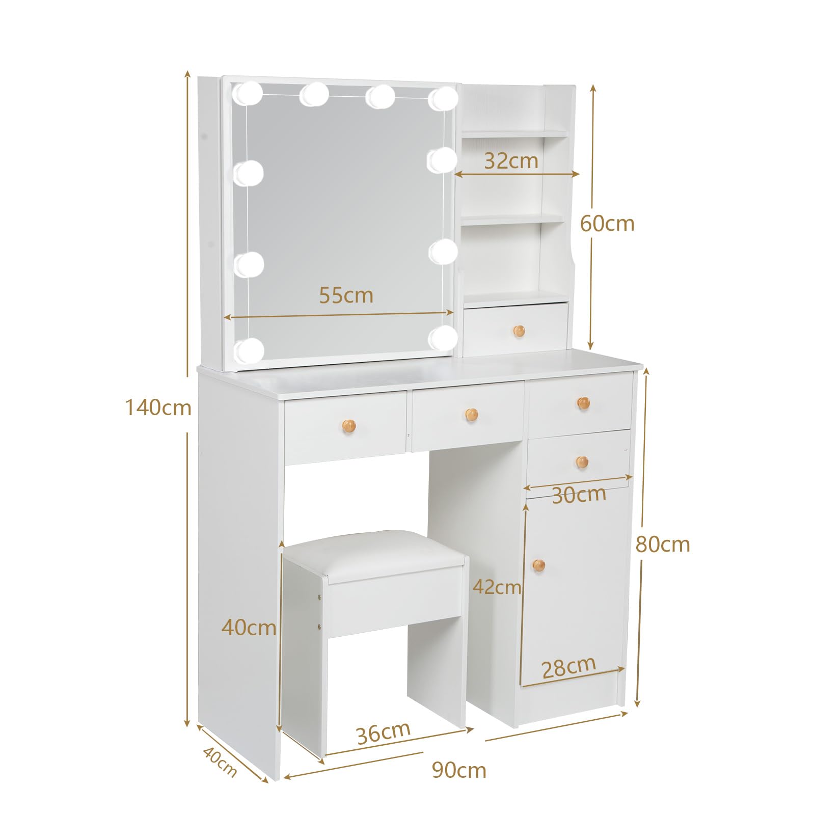Logimiz Vanity Desk with Mirror and Lights-3 Colors and Brightness Adjustable, Girls Makeup Vanity with Hiding Shelves, White Vanity Set with Cabinets, Drawers and Cushioned Stool