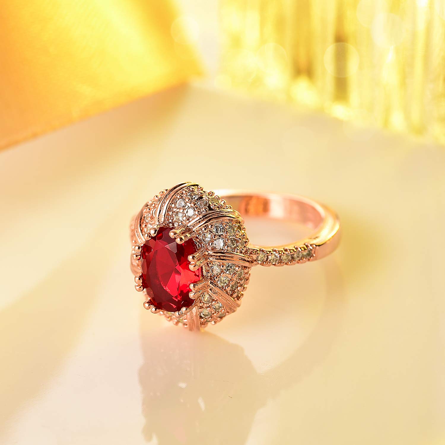 MADEONE 18K Rose Gold plating oval red Pigeon Blood Ruby excellent cut Cubic Zirconia CZ stone Luxury rings for women with box packing size 6-10 (6)