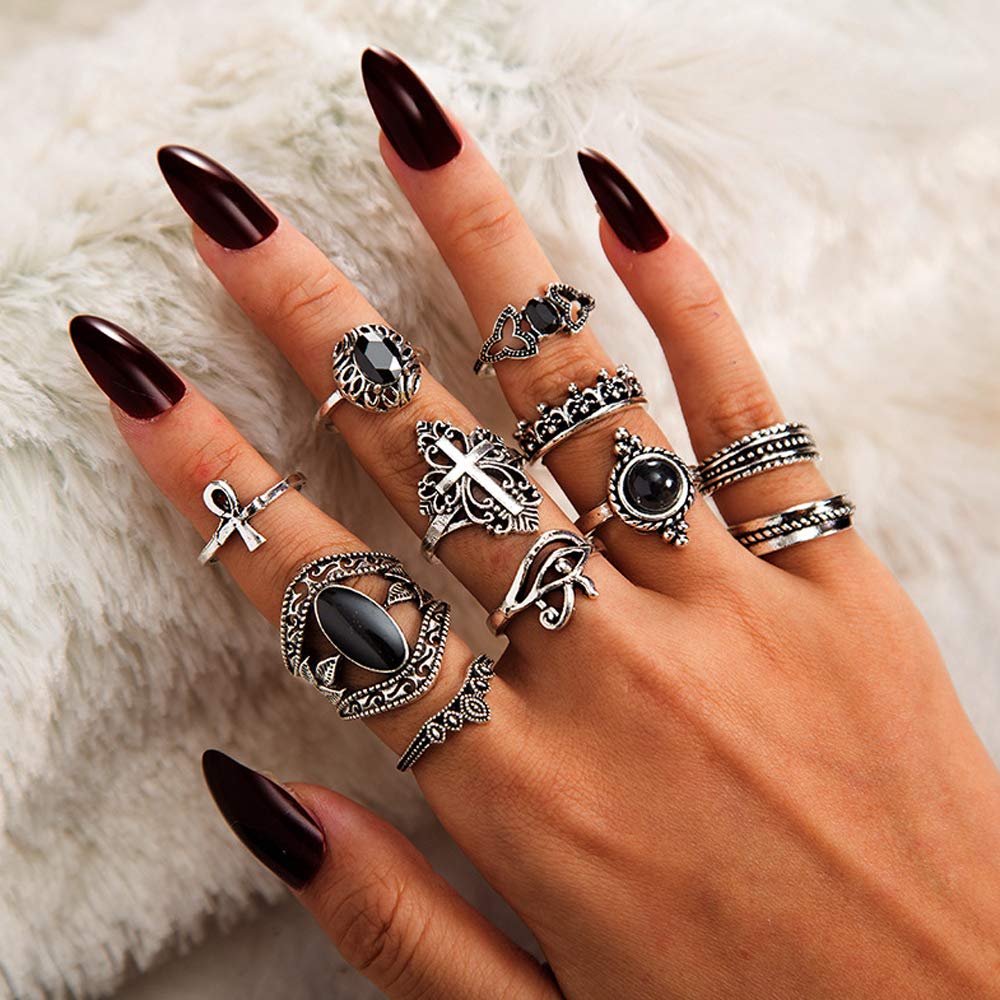 Missgrace Bohemian Retro Vintage Crystal Knuckle Ring Sets Simple Finger Black Stone Rings Midi Ring Set for Women 11Pcs (Style 5)