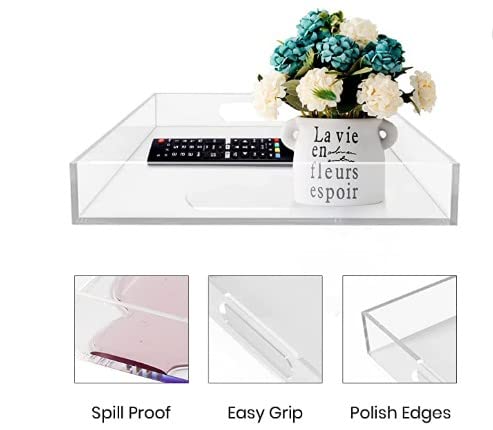 Rectangle Coffee Table Tray - Clear Acrylic Tray with Handles 16 x 12 x 2 - Rectangle Tray for Serving Food, Coffee, Organizing Bathroom Accessories, Makeup, Perfume, Ottoman, Eating in Bed Tray
