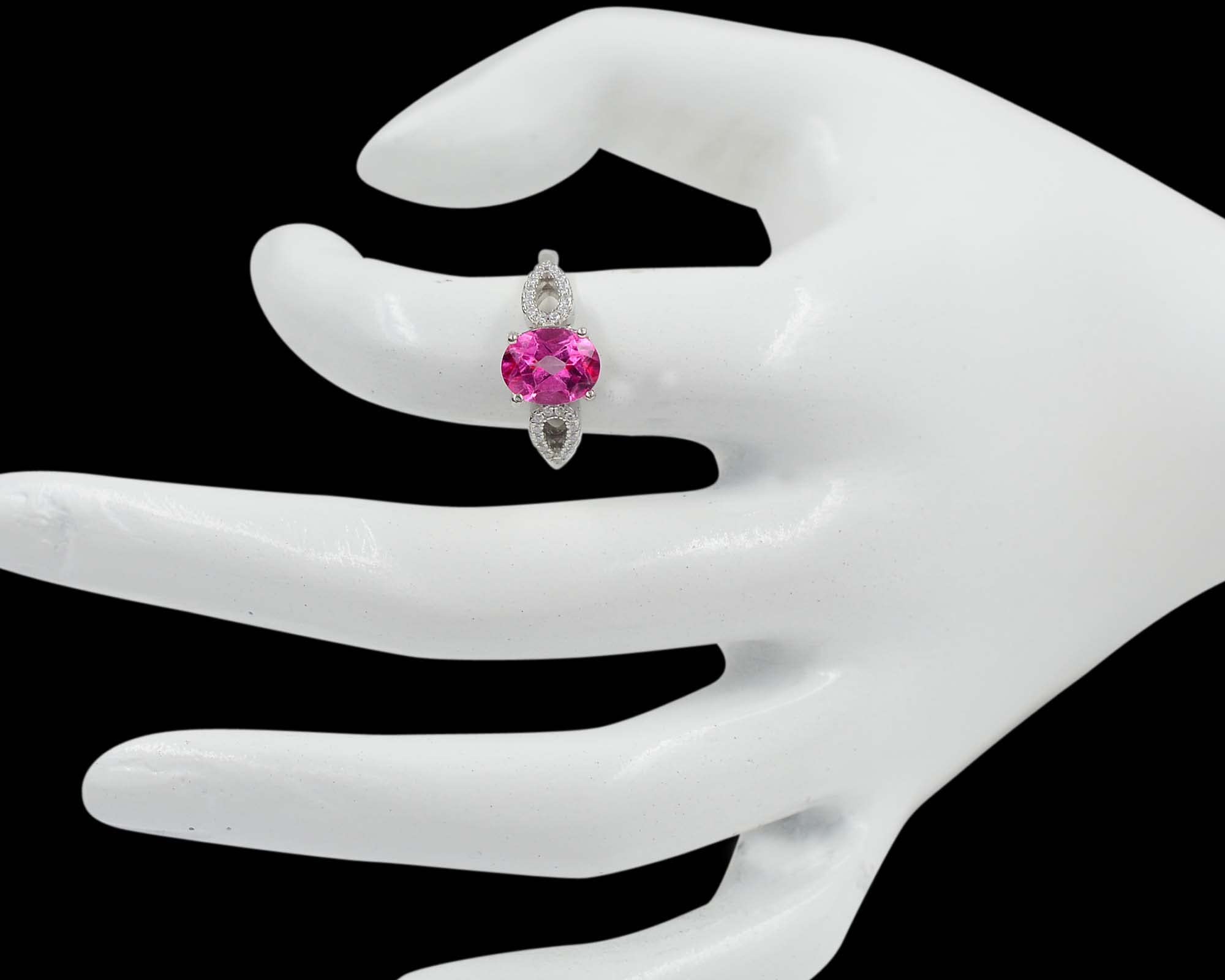 Natural 9X7 MM Oval Cut Pink Topaz Gemstone 925 Sterling Silver Wedding Jewelry Solitaire Unisex Proposal Engagement Ring Bridal Ring Gift For Her (Rhodium Plated Silver, 10)