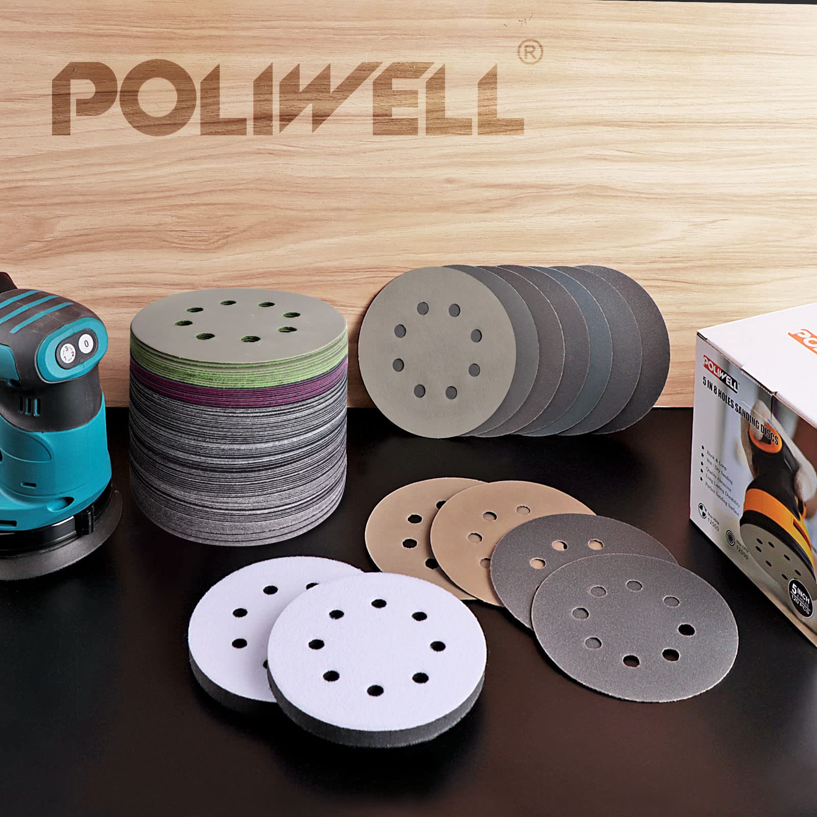POLIWELL 5 Inch Sanding Discs Hook and Loop 8 Hole Heavy Duty Silicon Carbide Sandpaper 320 400 600 800 1000 1500 2000 3000 4000 5000 7000 10000 with Interface Pad for Random Orbital Sander,120 Pack