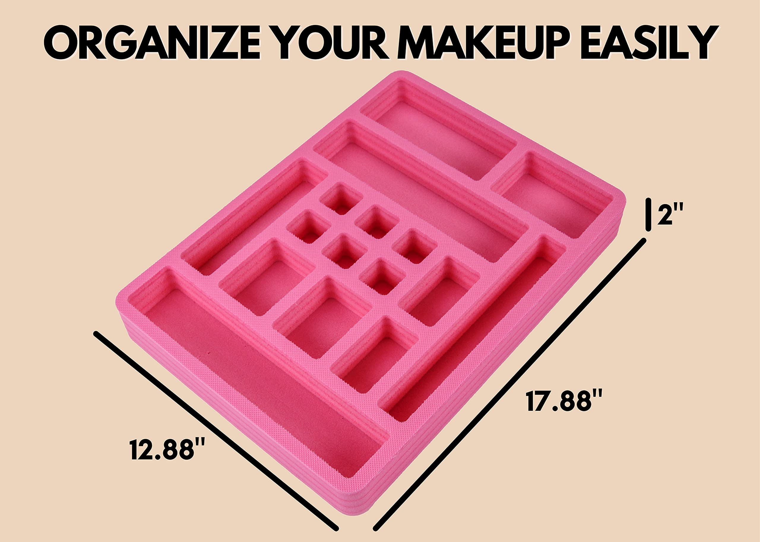 Polar Whale 2 Makeup Pink Drawer Organizers Tray Washable Waterproof Durable Foam Insert for Home Bathroom Bedroom Office 12.9 x 17.9 Inches 16 Compartments for Lipstick Eyeliner Cosmetics and More