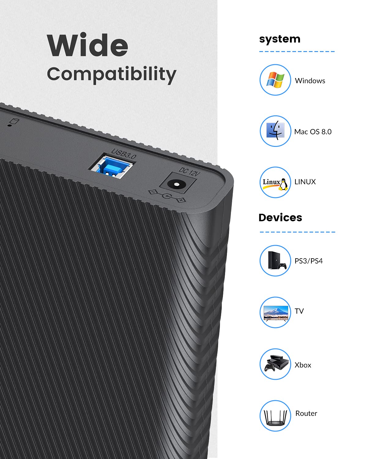 ORICO 3.5'' Hard Drive Enclosure for 2.5/3.5inch HDD/SSD USB 3.0 to SATA III HDD Enclosure with 12V Power Adapter Up to 18TB Support UASP-3521U3