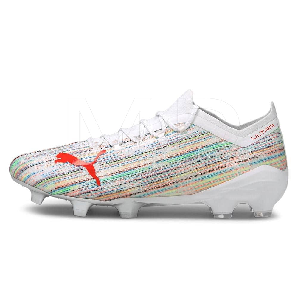 PUMA Men's Ultra 1.2 Firm Ground Soccer Cleats, 12.0 M, White-Red Blast-Puma Silver