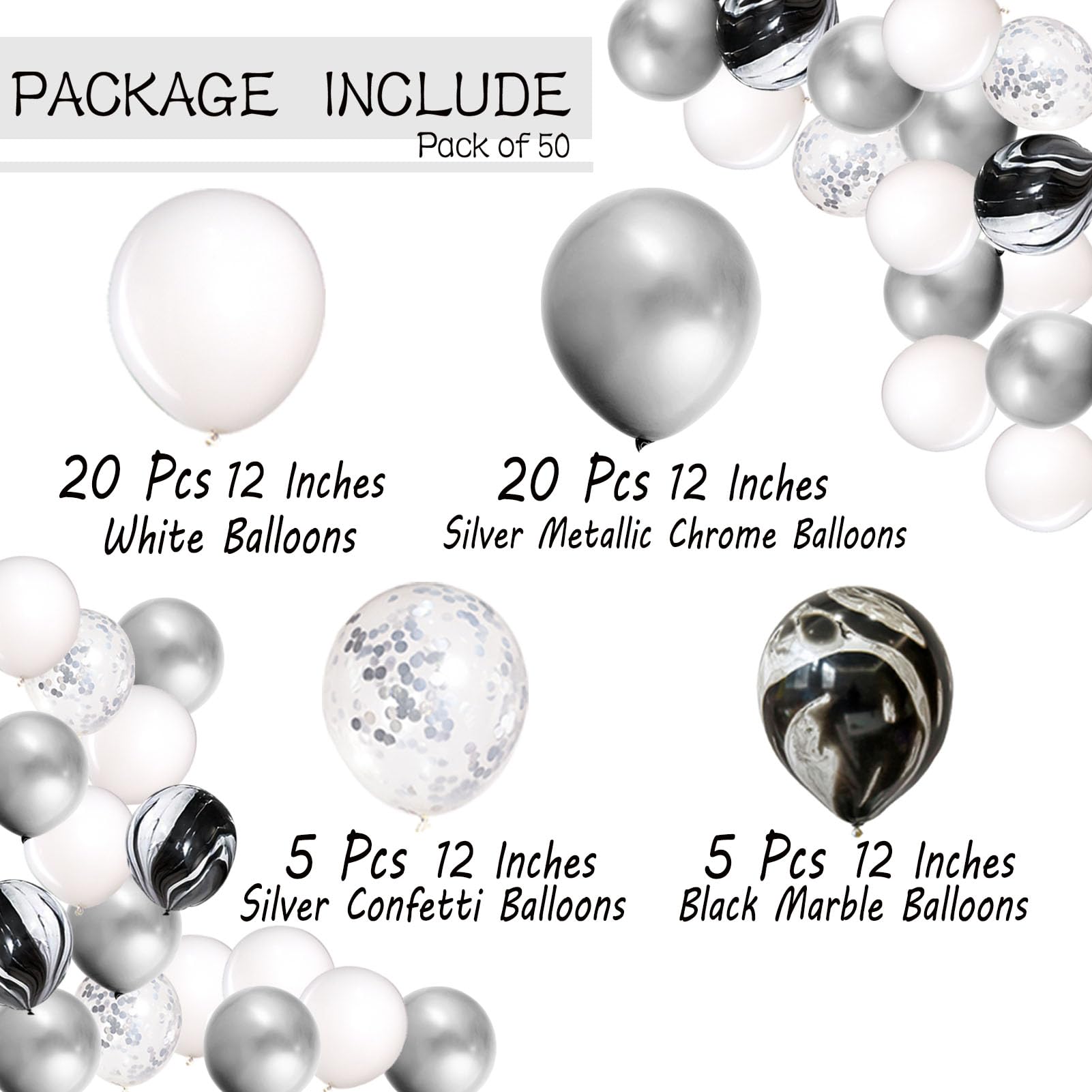 Mayen 50 Pcs 12 Inches Black Silver White Balloons Set, Black Marble Balloons, Silver Metallic and Silver Confetti Balloons, Black and Silver Birthday Party Decorations, Silver Graduation Decorations