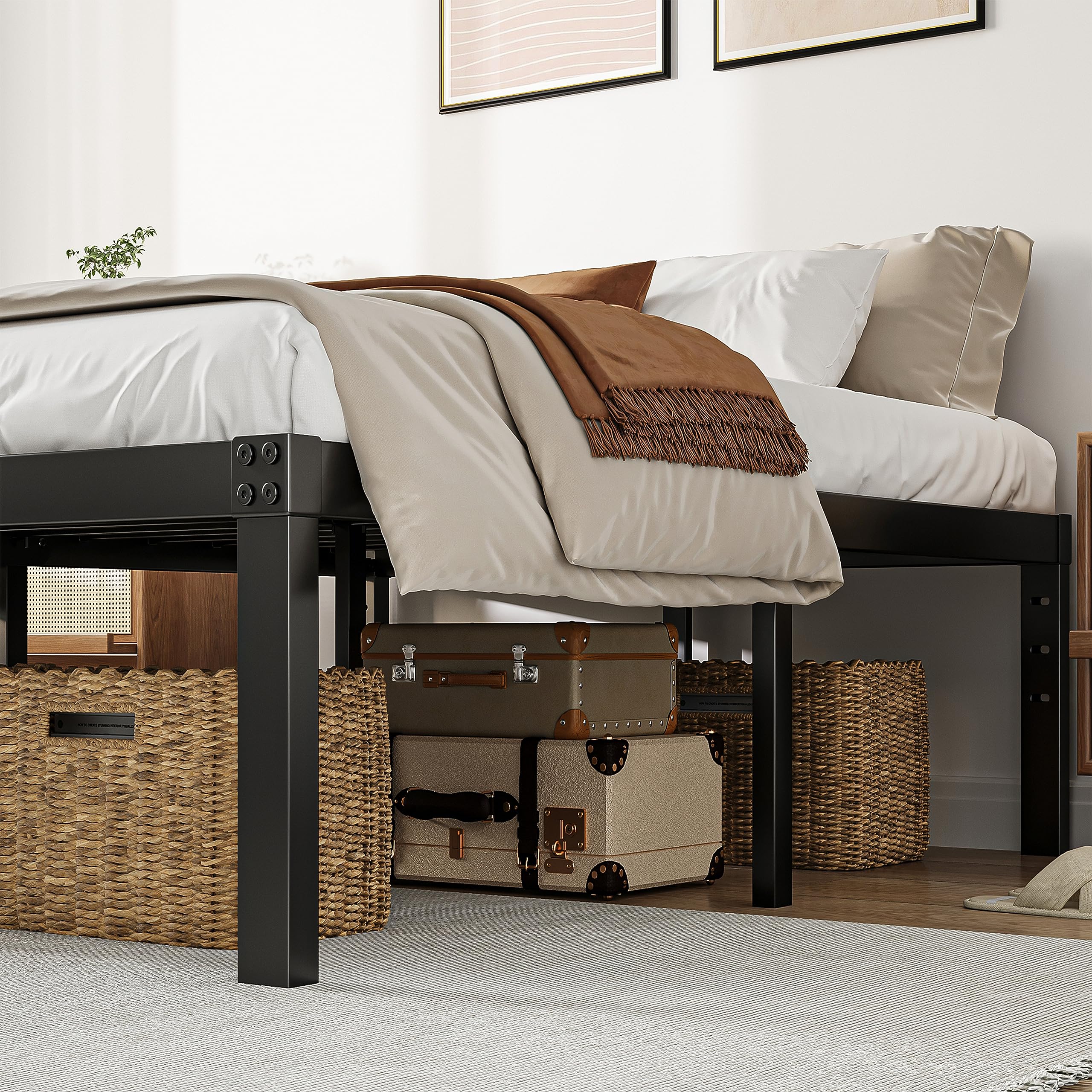 LIJQCI 16 inch Queen Bed Frame Platform Heavy Duty Metal with Storage No Box Spring Needed Noise Free Tall Sturdy Steel Slats Support