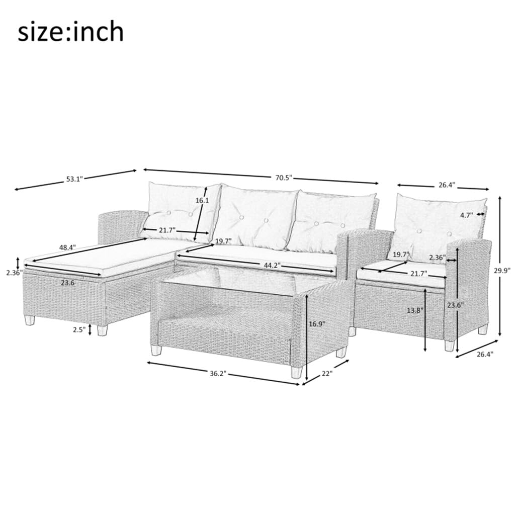 LIUZH Beige Brown Outdoor, Patio Furniture Sets, 4 Piece Conversation Set Wicker Ratten Sectional Sofa