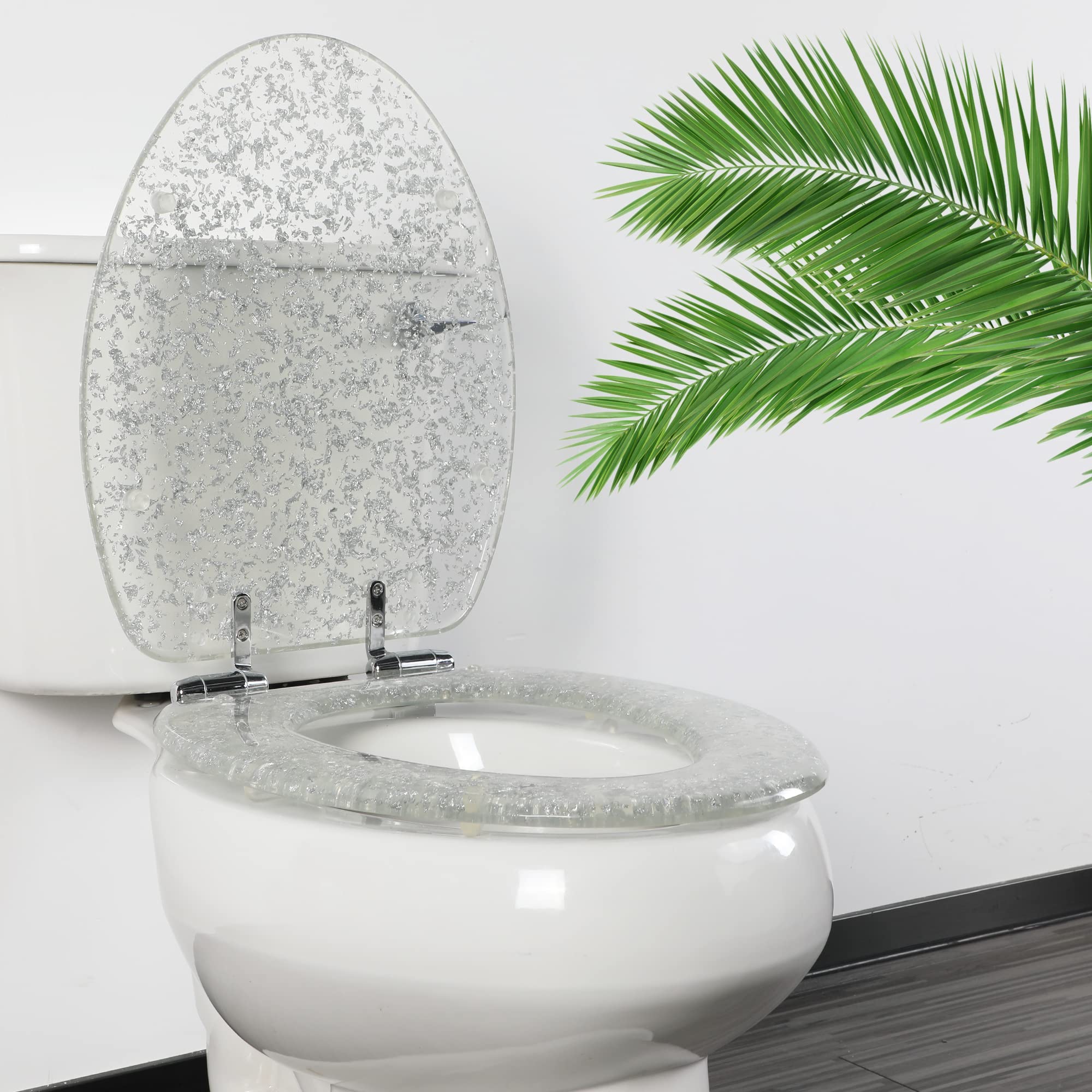 Resin Toilet Seat Elongated Soft Close Quick Release Heavy Duty Toilet Seats with Glitter Cover Acrylic Seats Silver Foil 19 Inch