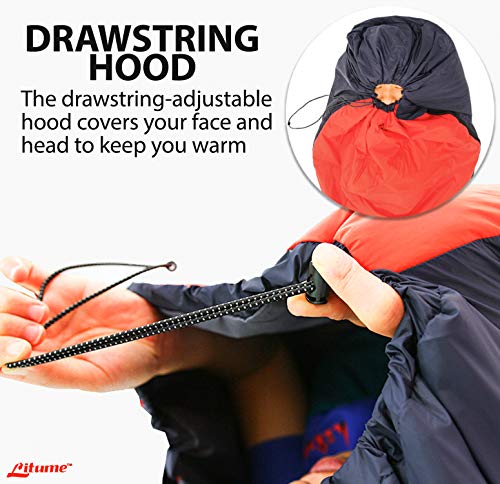 Litume 1.28lbs Ultra Lightweight Mummy Sleeping Bag, Backpacking Sleeping Bag with Insulation for 3 Seasons, Washable Compression Sack (Red)
