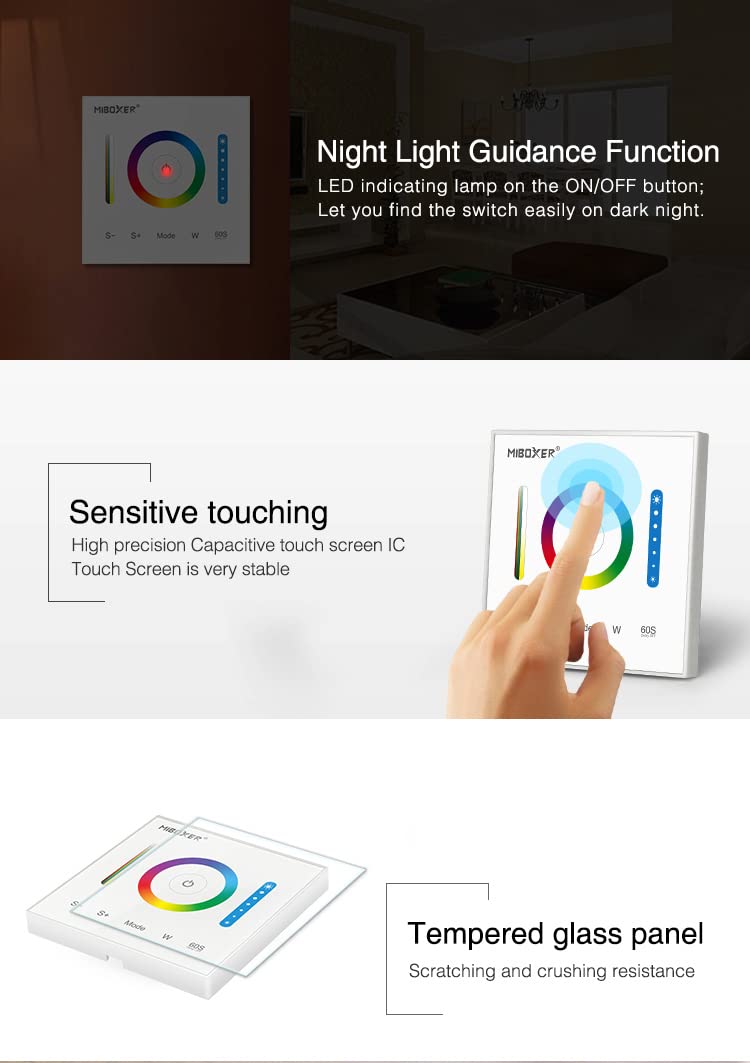 LGIDTECH P3 Miboxer Wall-Mounted Full Touch Panel Controller for 3528 5050 2835 RGB RGBW RGB+CCT Dimmable Color Changing LED Strip Lighting DC 12-24V 10A 120W 240W.Support Voice and DMX512 Control