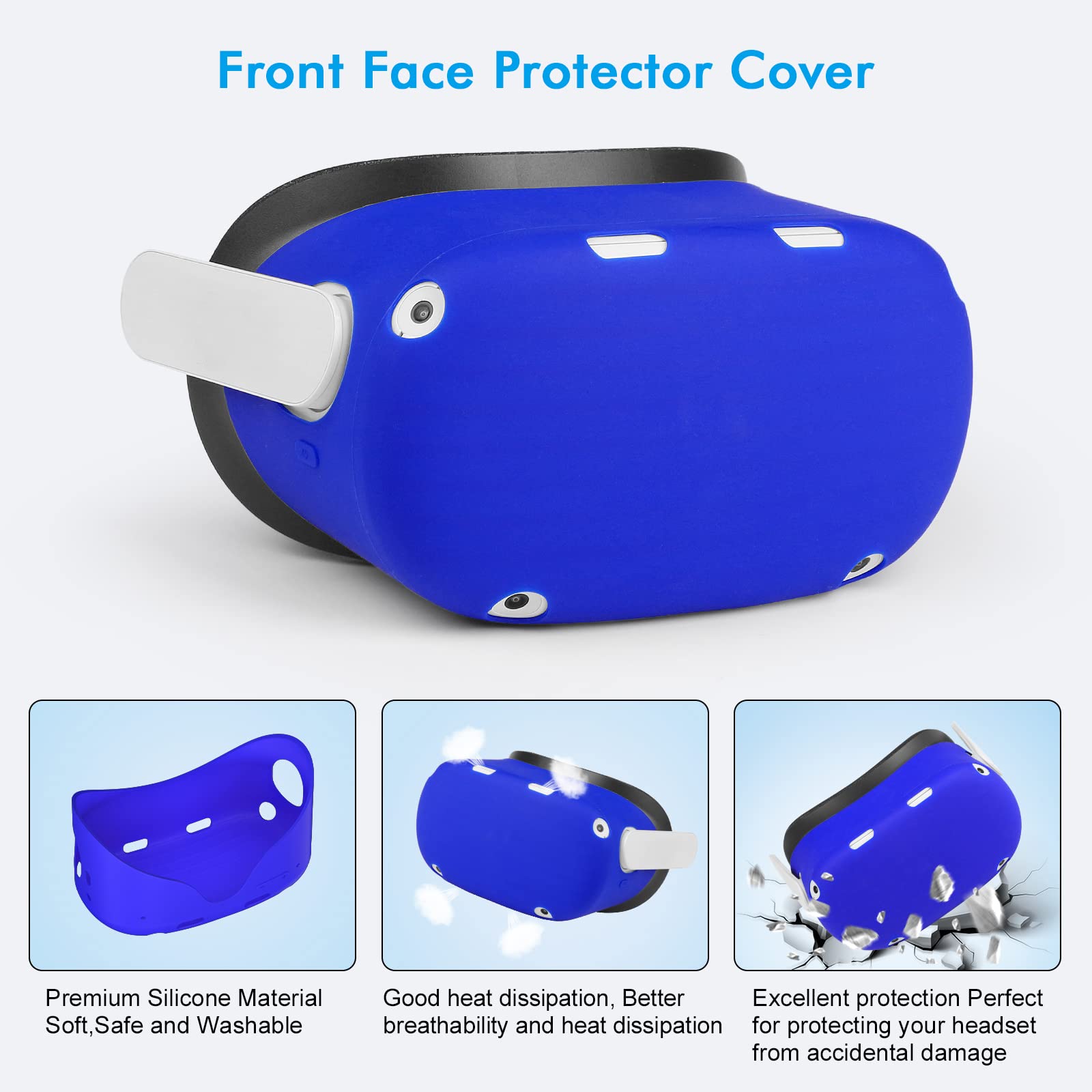Relohas Accessories Set Oculus Quest 2, Touch Controller Grip Cover, Front Face Protector Cover, Silicone Face Cover with Lens Protective Cover, Protect Your VR in All Aspects(4PCS, Navy-Blue)