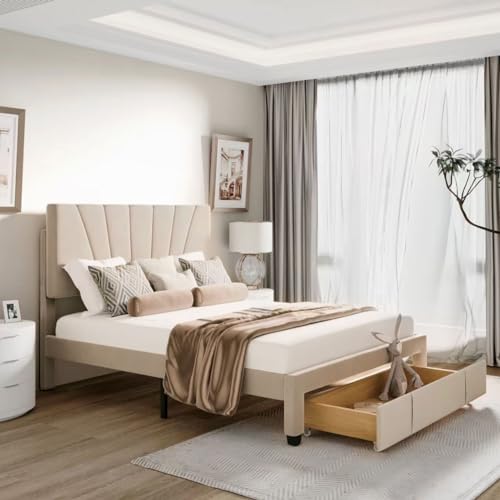 Livavege Queen Bed Frame with Wingback Headboard and Storage Drawers, Velvet Upholstered Platform w/Wooden Slats Support, Queen Size Bedframe No Box Spring Needed, Easy Assembly/Mattress Foundation