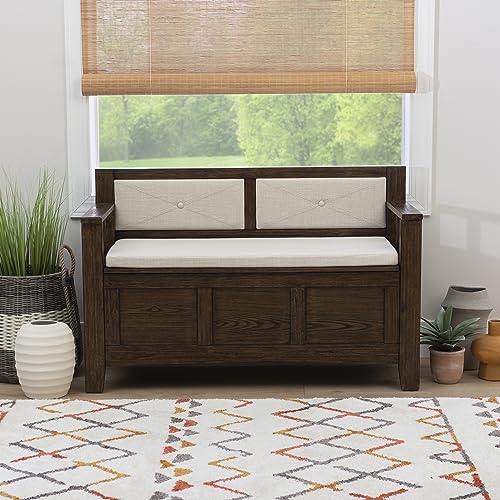Linon Umber Brown Carlton Rustic Storage Bench with Beige Upholstered Back and Cushioned Seat