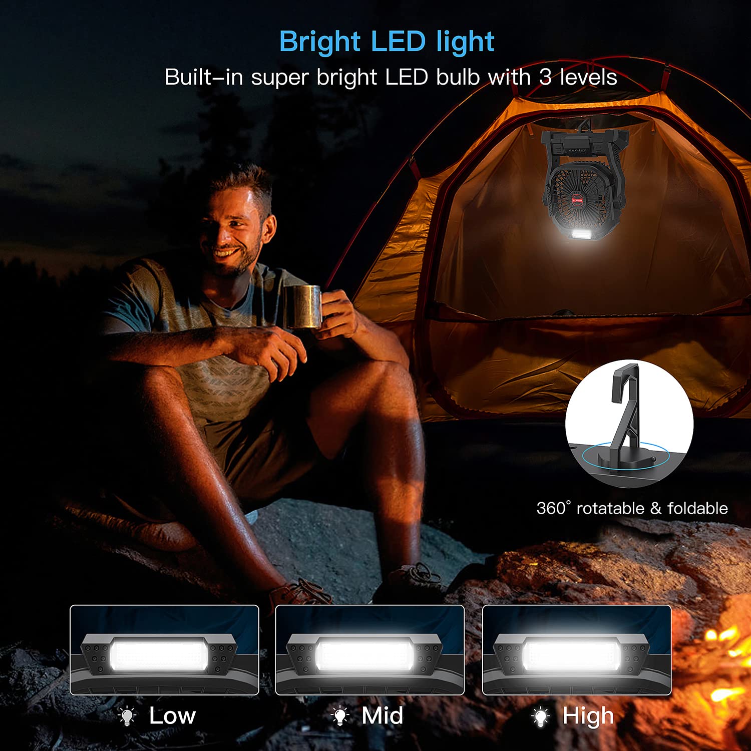 RORJOY Gold Personal Fan Camping Fan with LED Lantern - 25H portable fan Cordless Fan with Quiet Brushless Motor