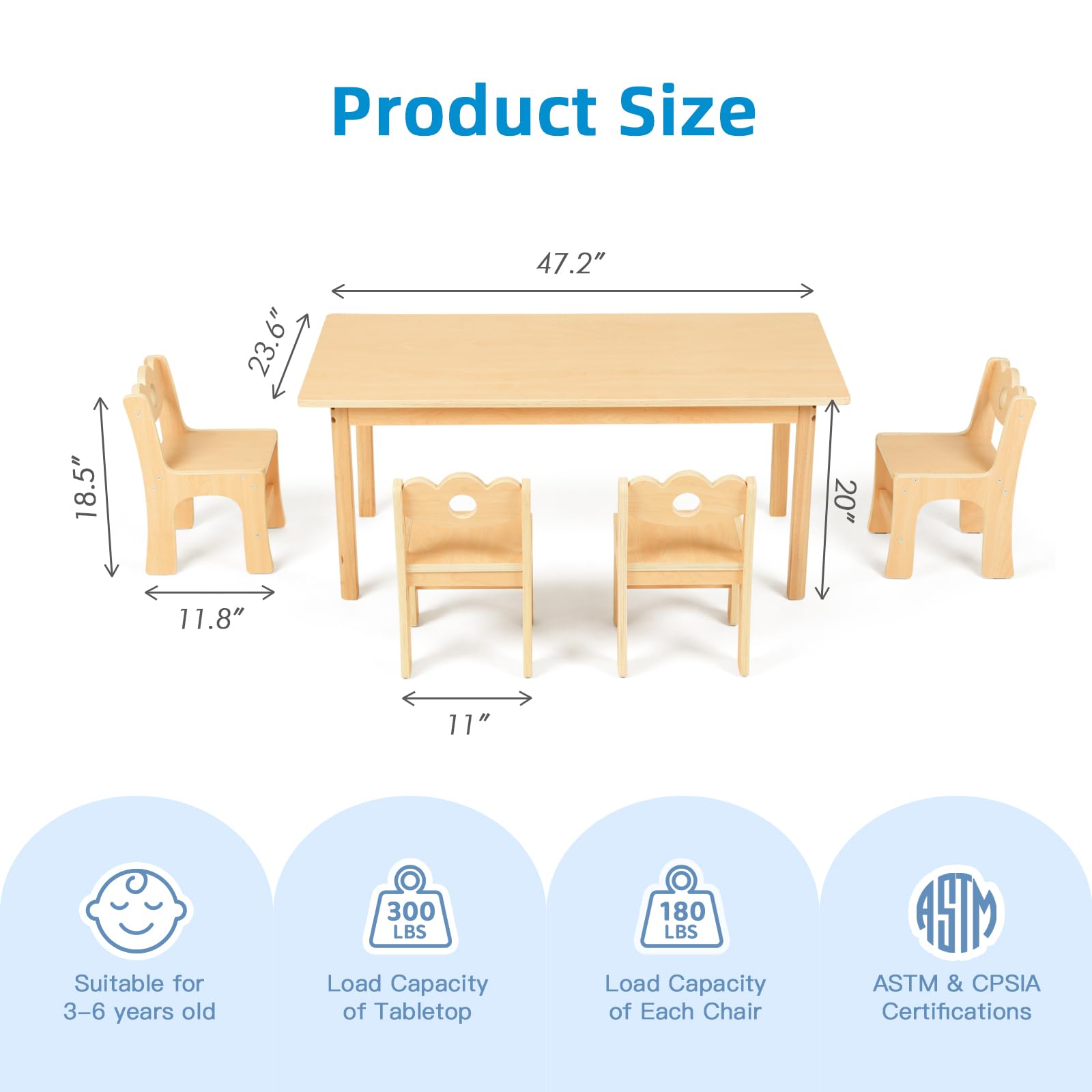 OOOK Kids Table and 4 Chairs Set, Poplar Plywood, More Spacious Space for Kids Graffiti Desktop, 47''X24'', Children Multi-Activity