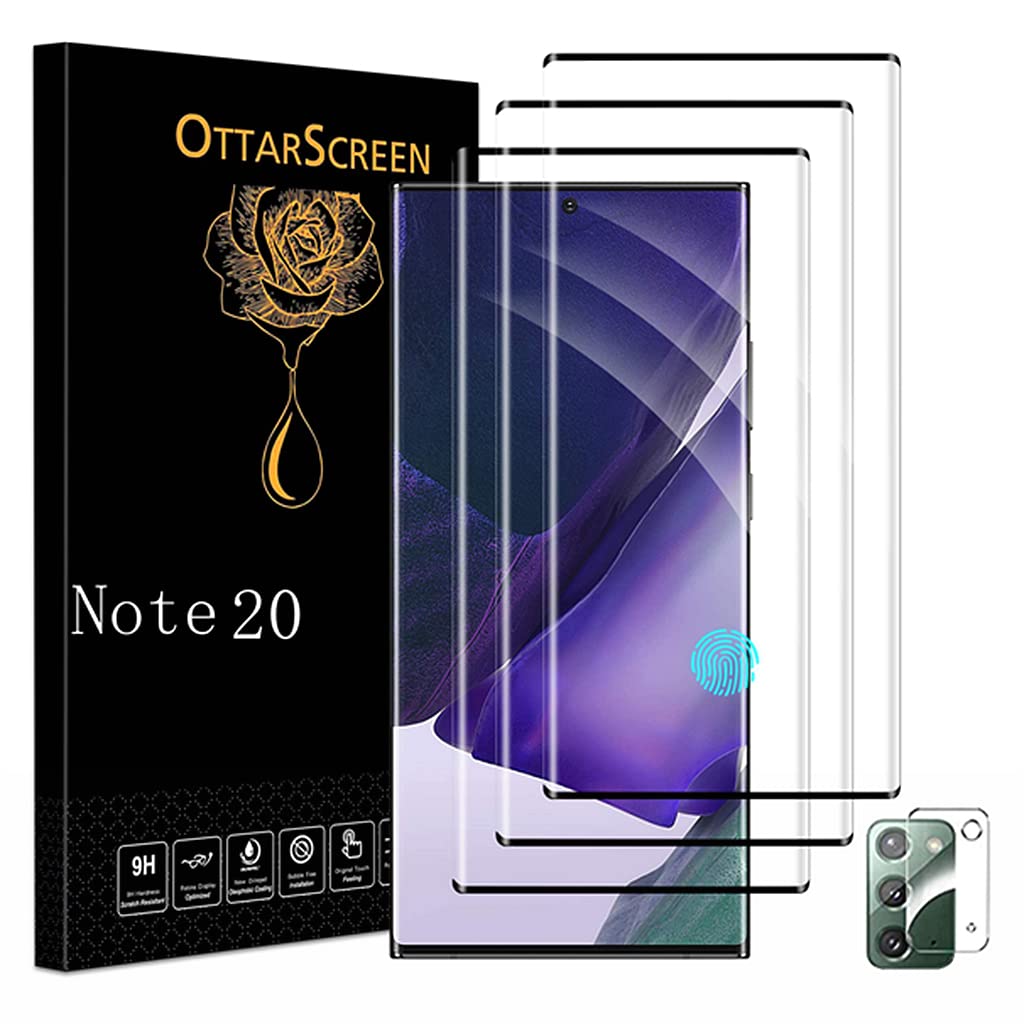 OttarScreen Galaxy Note 20 Screen Protector, 3 Pack Tempered Glass Screen Protector【3+1 Pack 】With 1 Pack Camera Lens Protector, Compatible Fingerprint, 3D Glass 9H Hardness Tempered Glass Screen Protector for Samsung Galaxy Note 20 5g