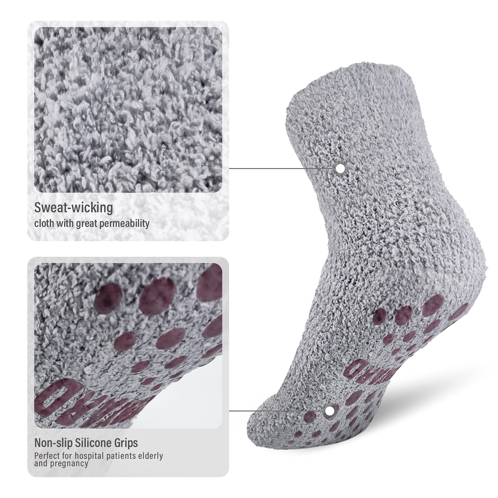 NOVAYARD 4 Pairs Non Slip Fuzzy Socks Hospital Slipper Crew Grip Cozy socks Men Women(Grey,Large)