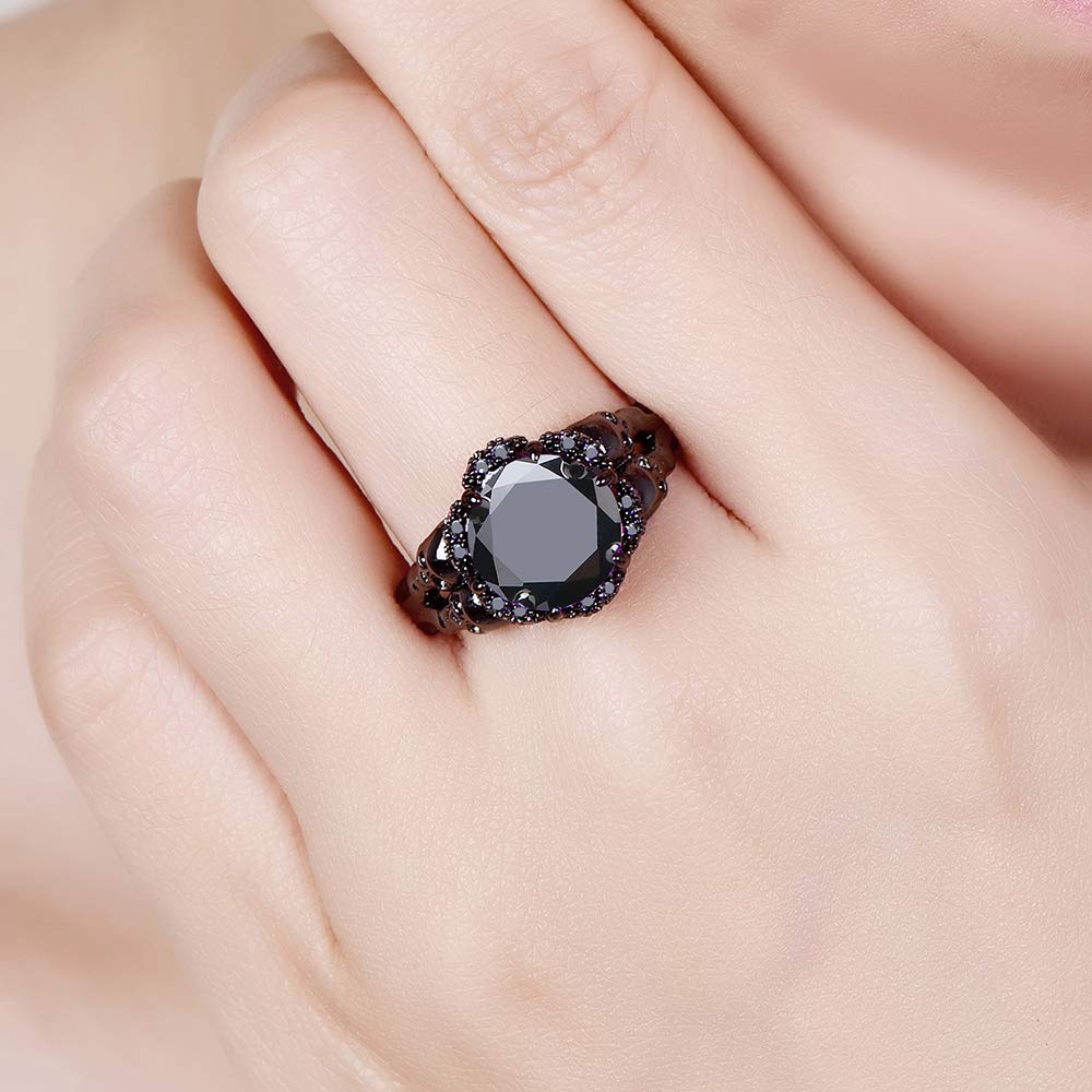 Narica Black Gold Plated Antique Gothic Skull Bone Ring Retro Oxidized Finished Round Cut Created Black Spinel CZ Cubic Zirconia Filled Engagement Promise Wedding Women's Vintage Band for Mom Lover 6#
