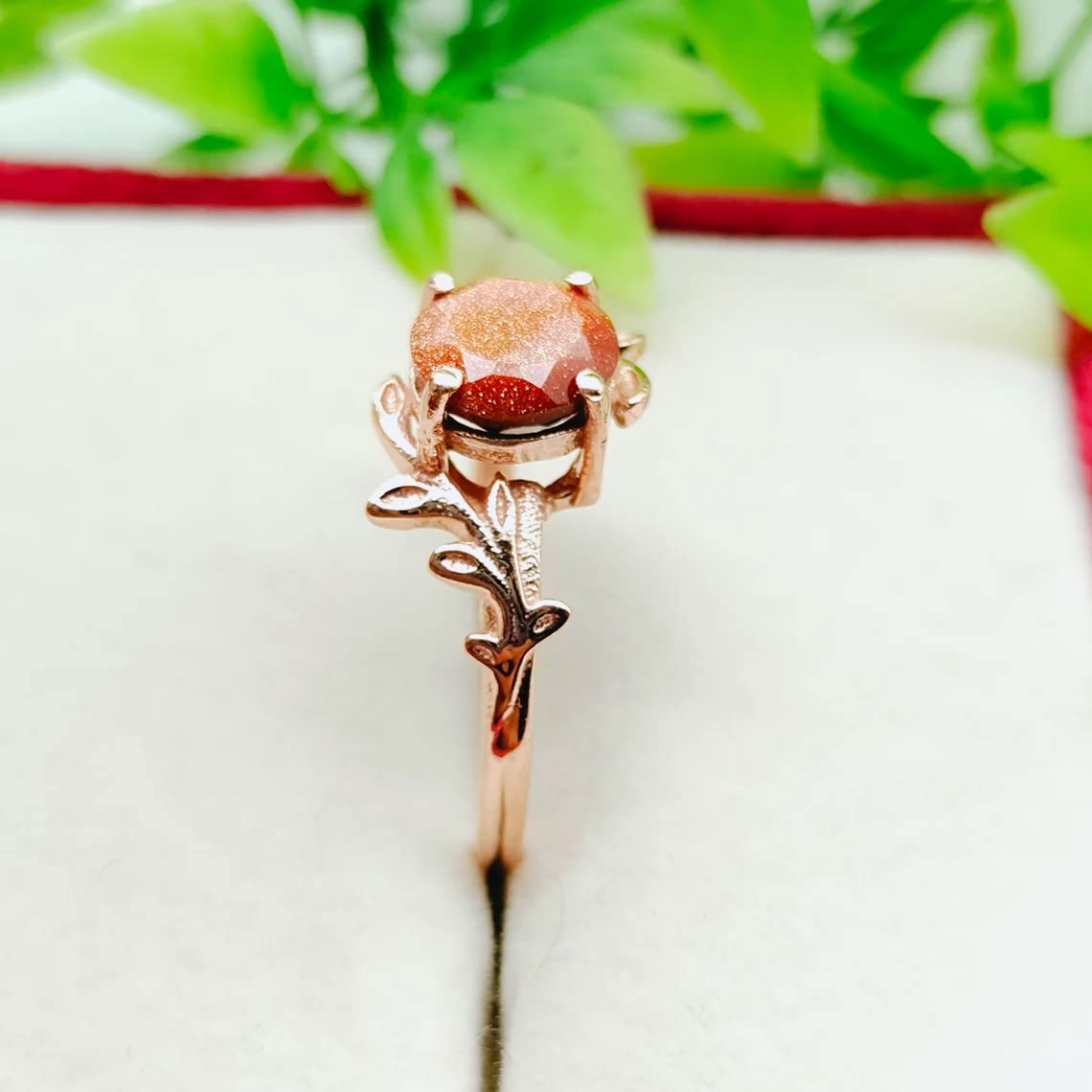 Rings For Women Round Cut Sandstone Ring Leaf Gemstone Ring Gold Sandstone Solitaire Promise Ring Designer Beautiful Handmade Gift Ring BY FOREVER GEMS & JEWELS